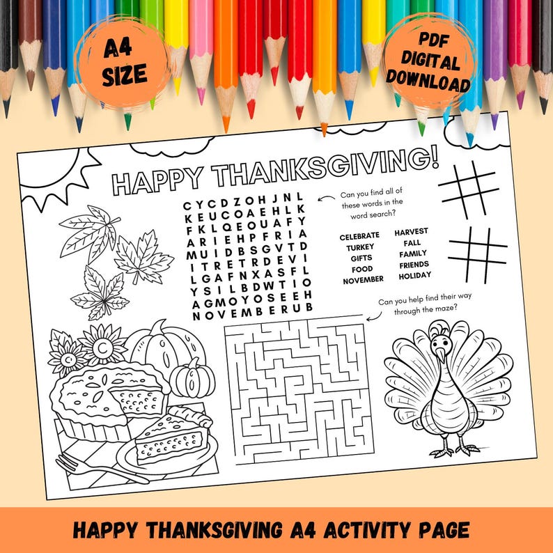 A4 Happy Thanksgiving Activity Page | PDF Digital Download | Fun ...