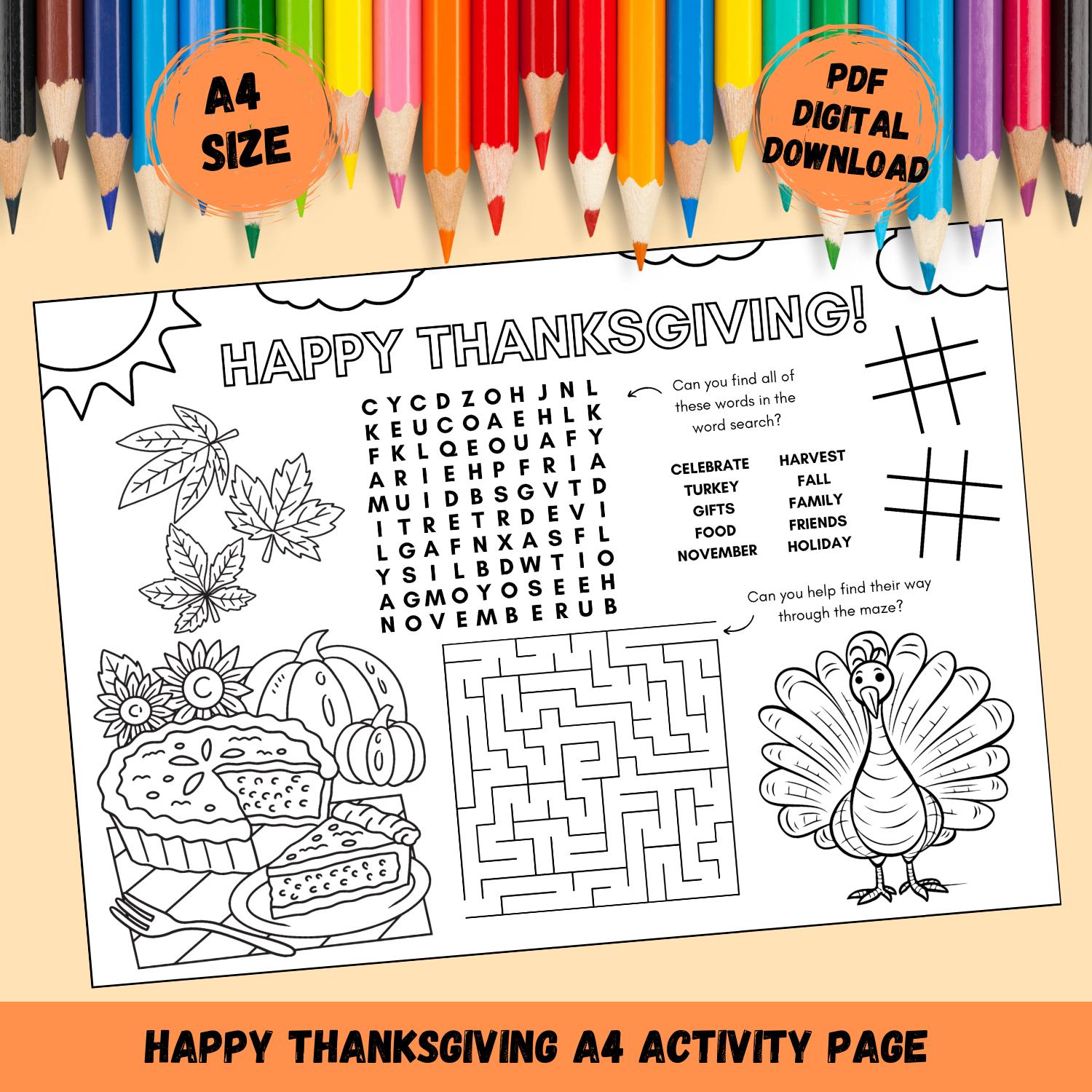 A4 Happy Thanksgiving Activity Page | PDF Digital Download | Fun ...
