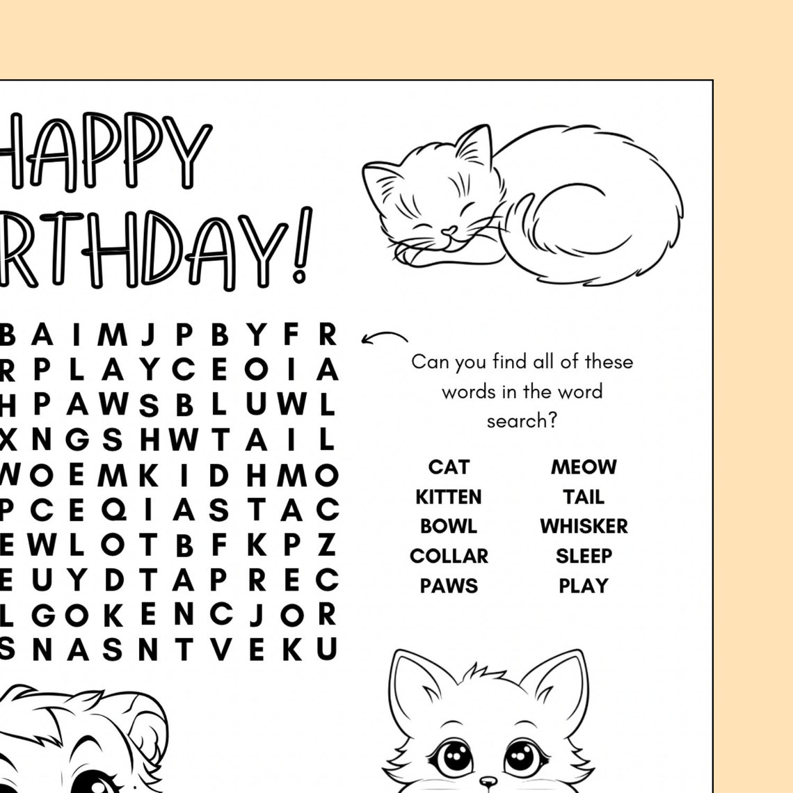 A4 Cats Birthday Activity Sheet - Printable PDF Digital Download - Etsy