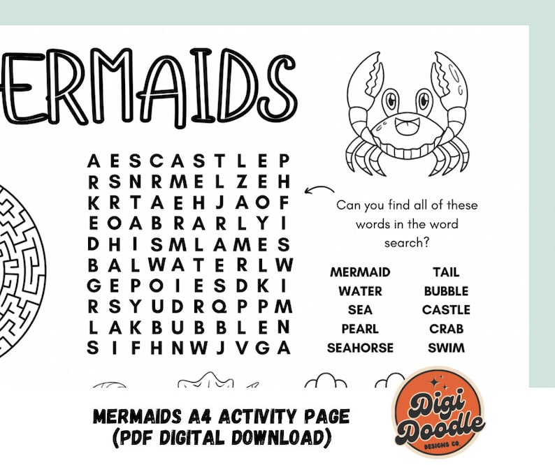 A4 Mermaids Activity Page - Printable PDF Digital Download - Etsy