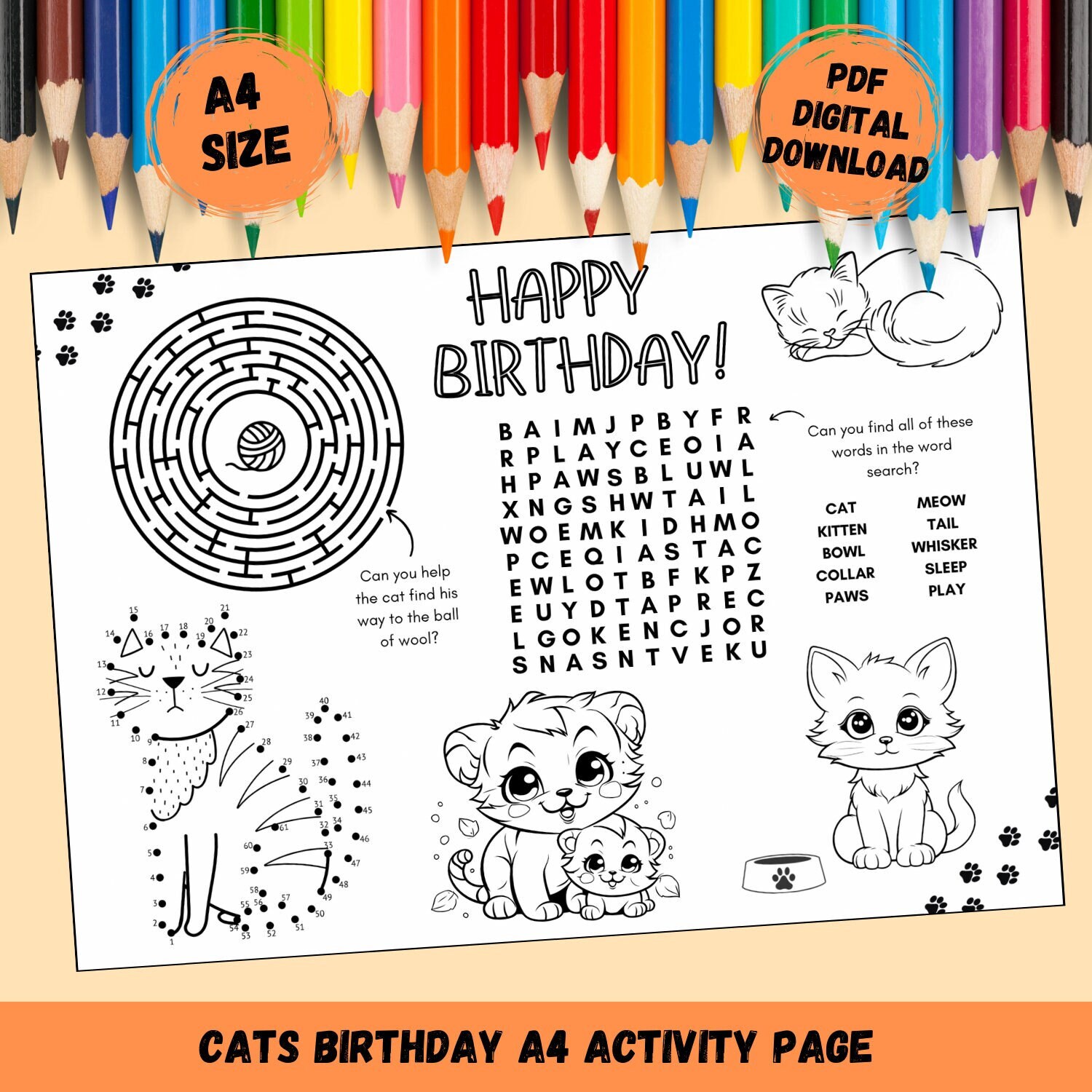 A4 Cats Birthday Activity Sheet - Printable PDF Digital Download - Etsy