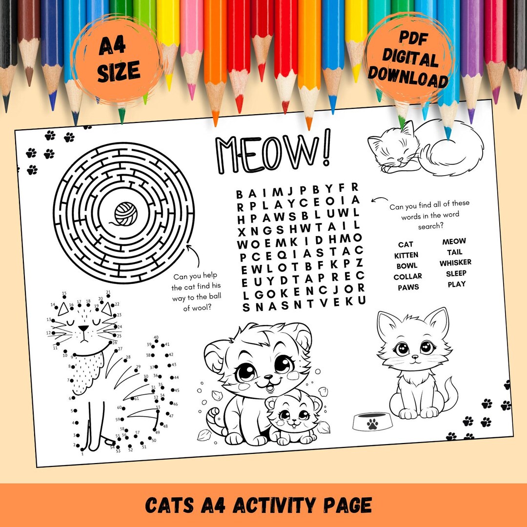 A4 Cats Activity Sheet - Printable PDF Digital Download - Etsy