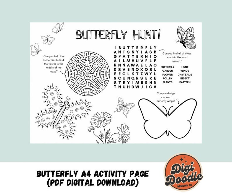 A4 Butterfly Activity Sheet - Printable PDF Digital Download - Etsy