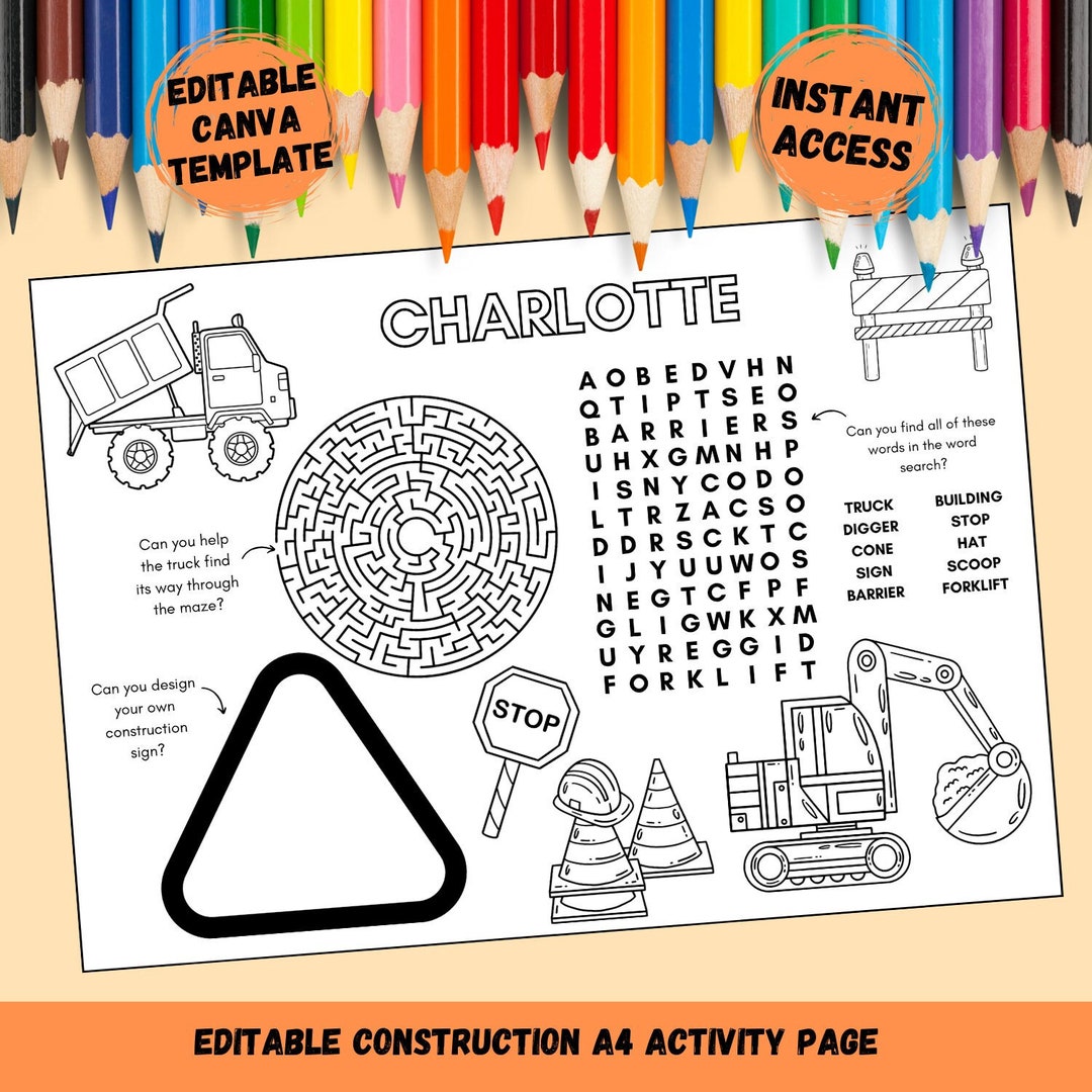 A4 Editable Construction Activity Sheet - Canva Template Digital ...