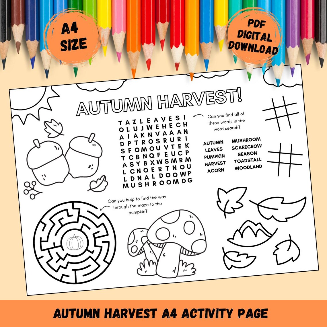 Autumn Harvest Activity Page PDF A4 Fall Coloring & Puzzle Sheet - Etsy
