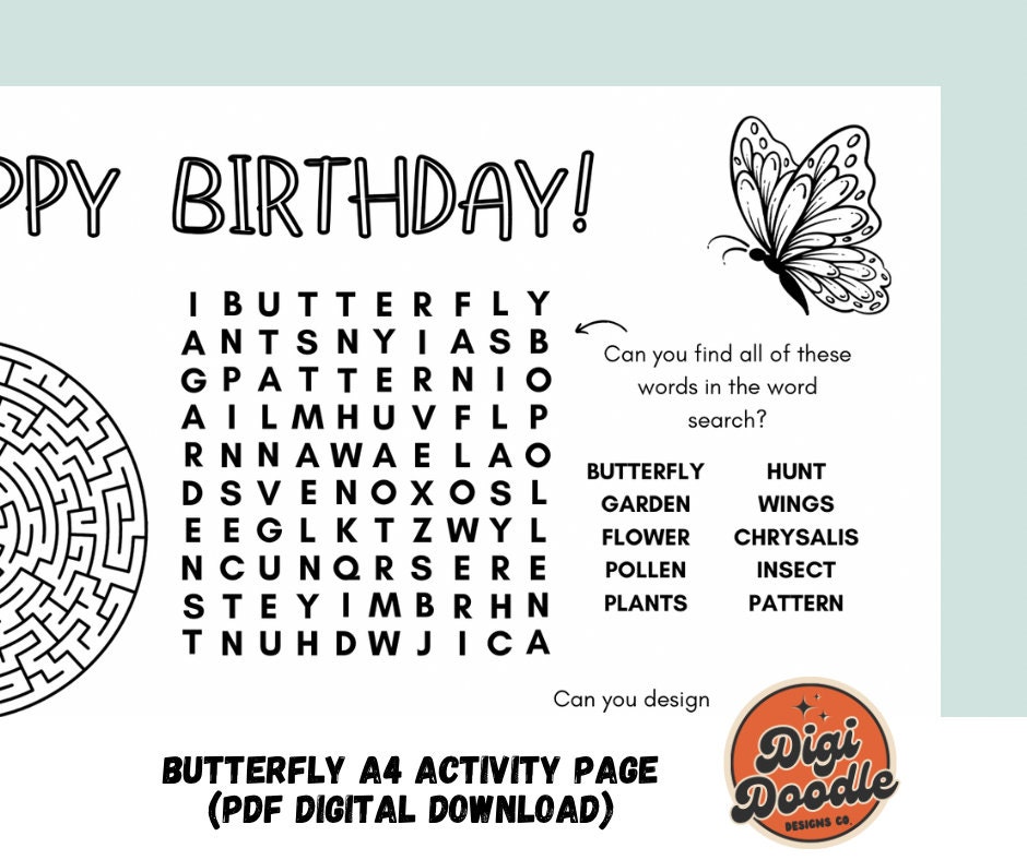 A4 Birthday Butterfly Activity Sheet - Printable PDF Digital Download ...