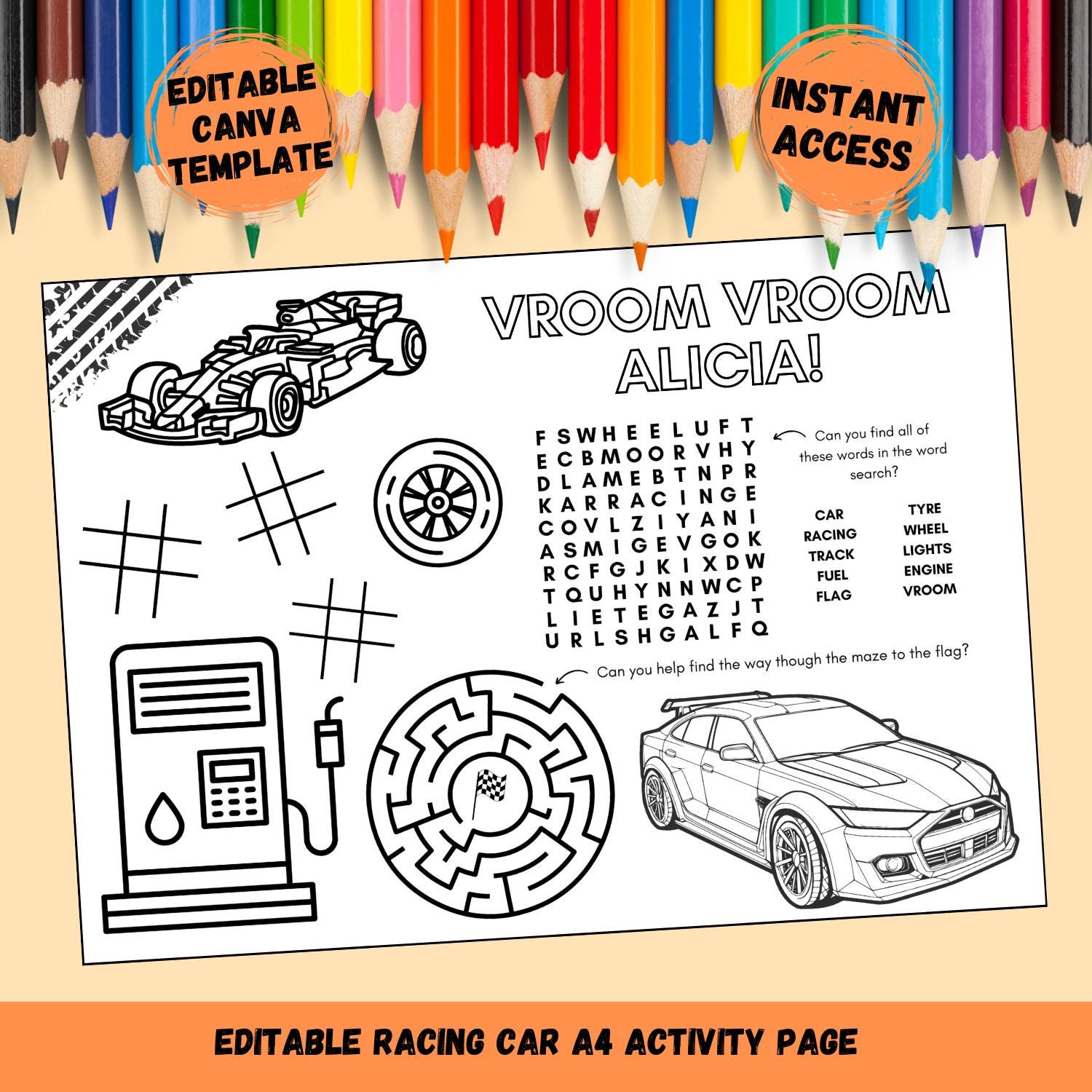 Editable A4 Racing Car Activity Page Canva Template - Etsy