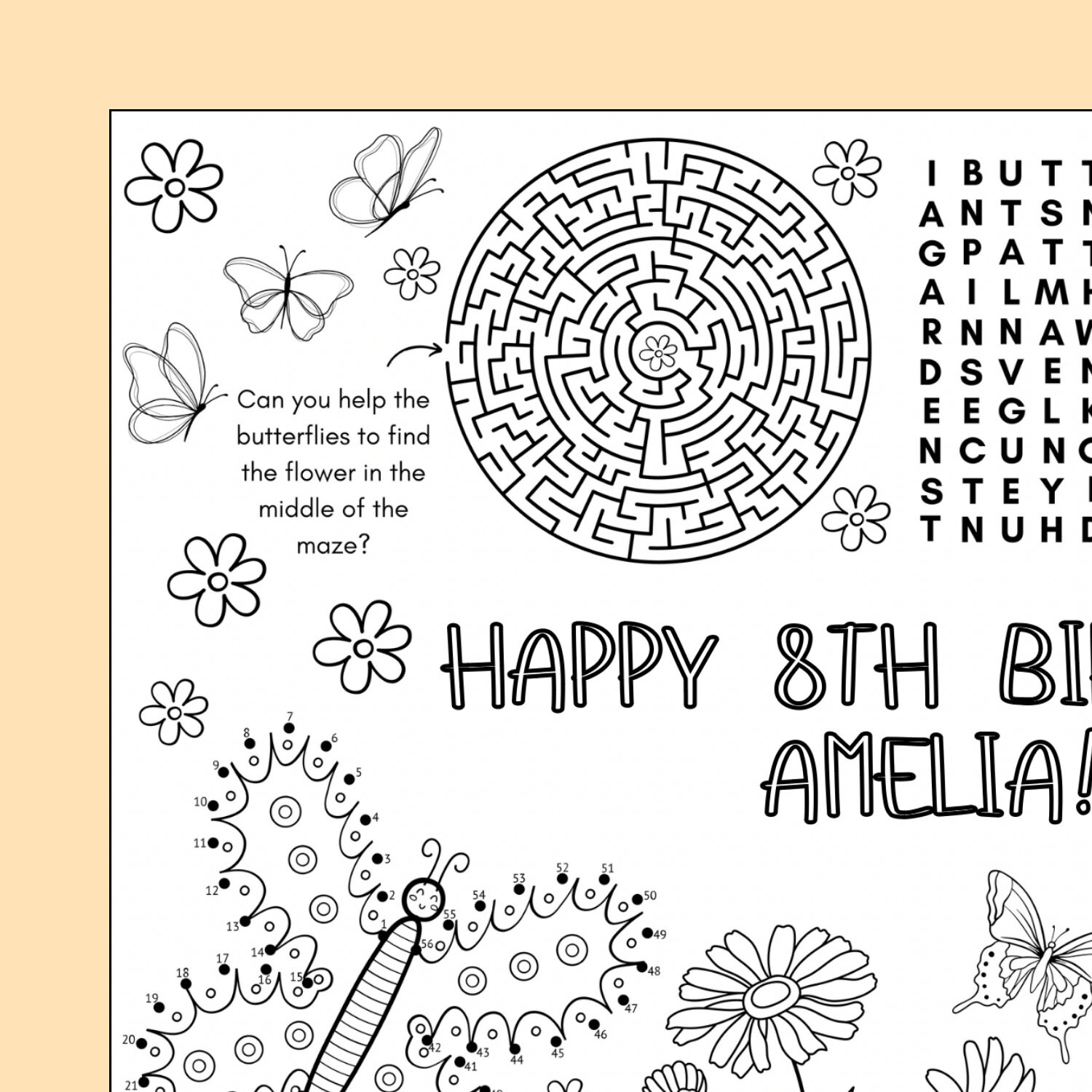 A4 Editable Birthday Butterfly Activity Sheet - Canva Template Digital ...