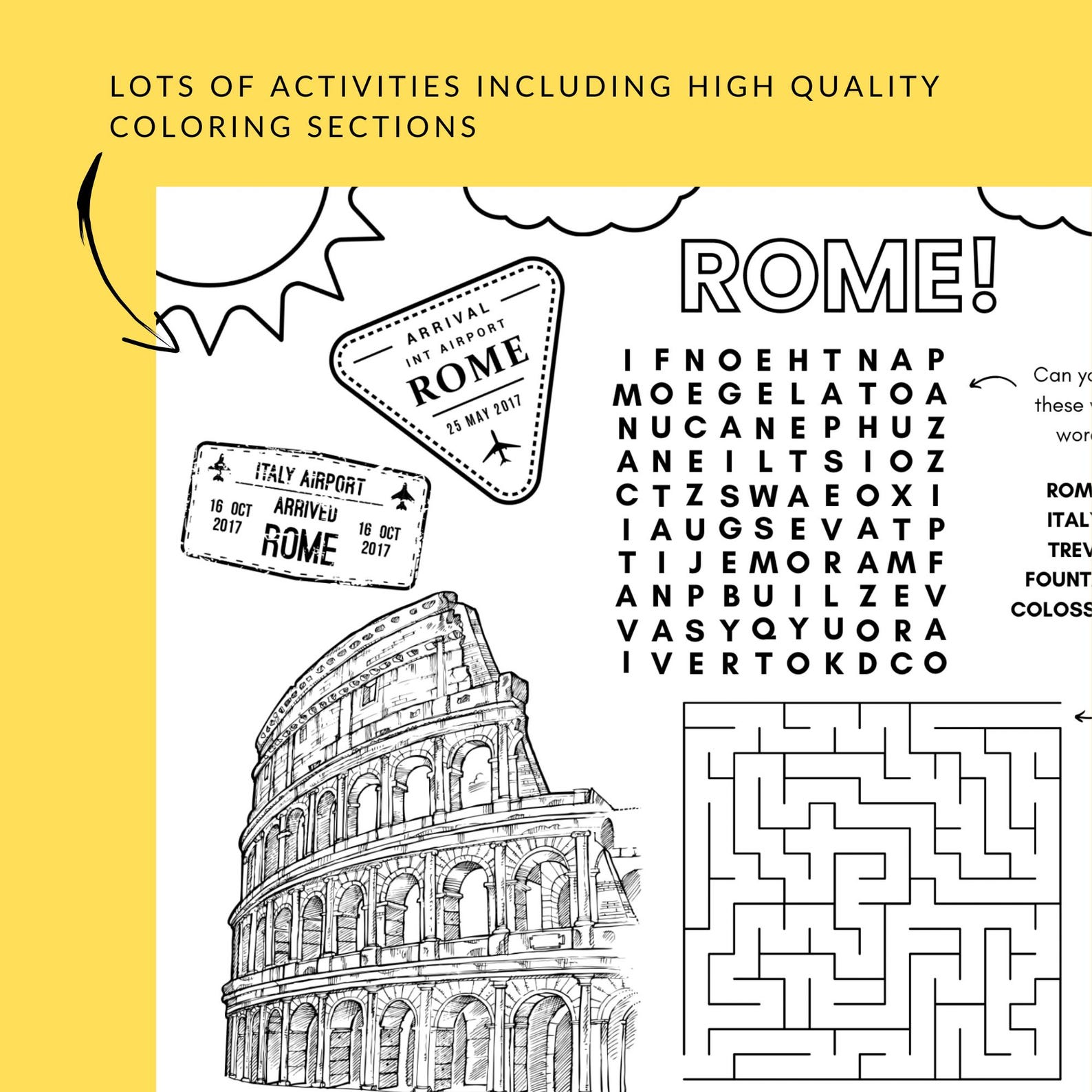 Rome Activity Sheet for Kids – Printable Word Search, Maze, Coloring ...