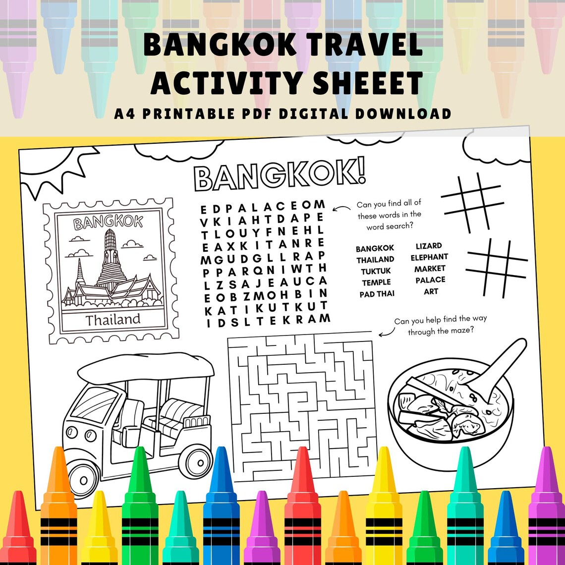 Bangkok Kids Activity Sheet - Coloring, Maze, Word Search & Games - Etsy