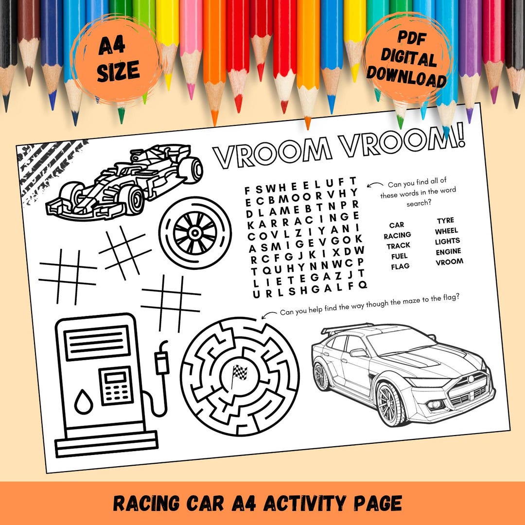 A4 Racing Car Activity Page PDF | Printable Racing Car Coloring Page ...