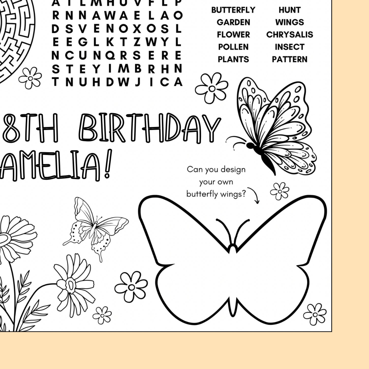 A4 Editable Birthday Butterfly Activity Sheet - Canva Template Digital ...