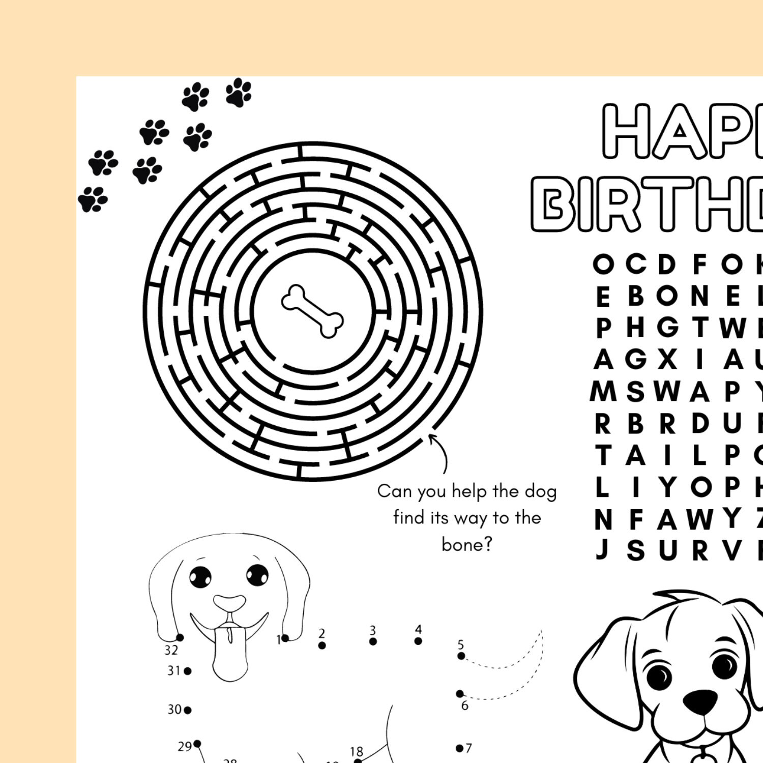 A4 Dogs Birthday Activity Sheet - Printable PDF Digital Download - Etsy