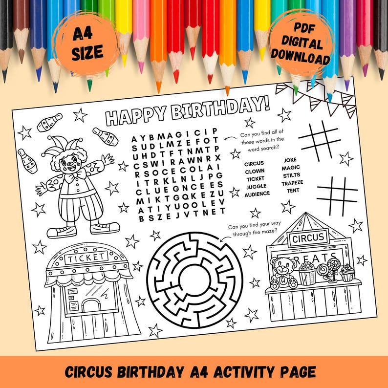 Printable Circus Happy Birthday Activity Page | Fun A4 PDF Download ...