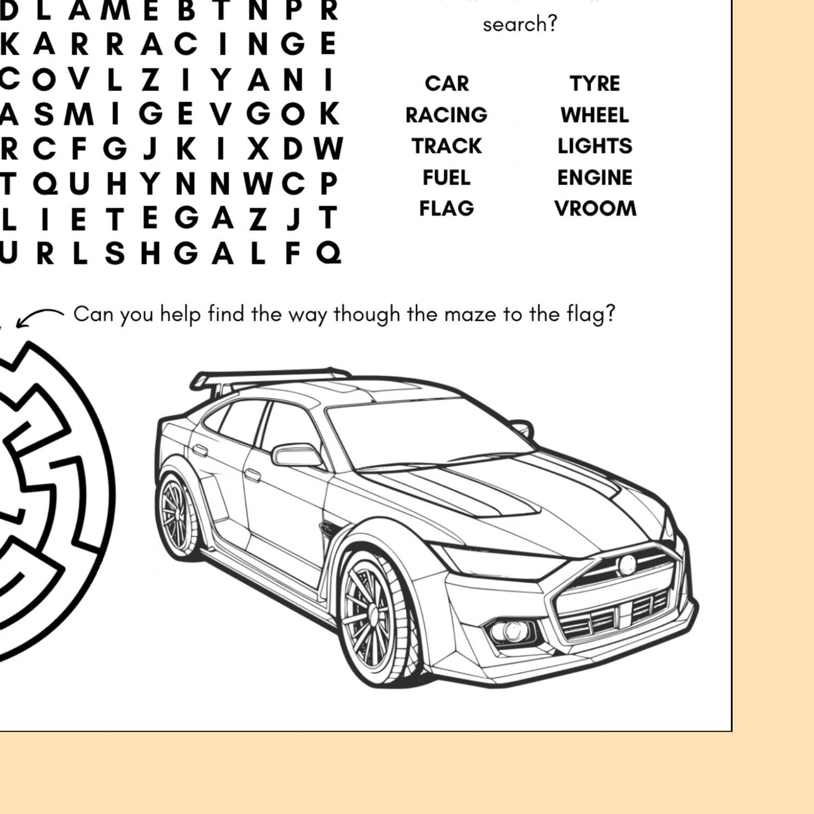 A4 Racing Car Activity Page PDF | Printable Racing Car Coloring Page ...