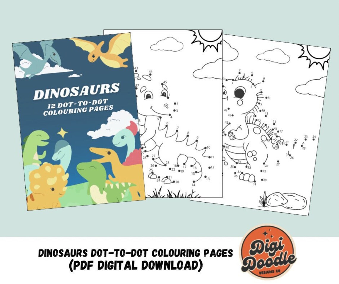 Dinosaur Dot-to-dot Coloring Pages for Kids 12 Printable A4 PDF Digital ...