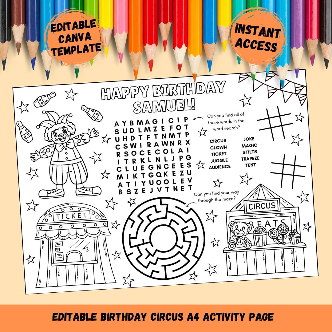 Printable Editable Circus Birthday Activity Page | Fun A4 Canva ...