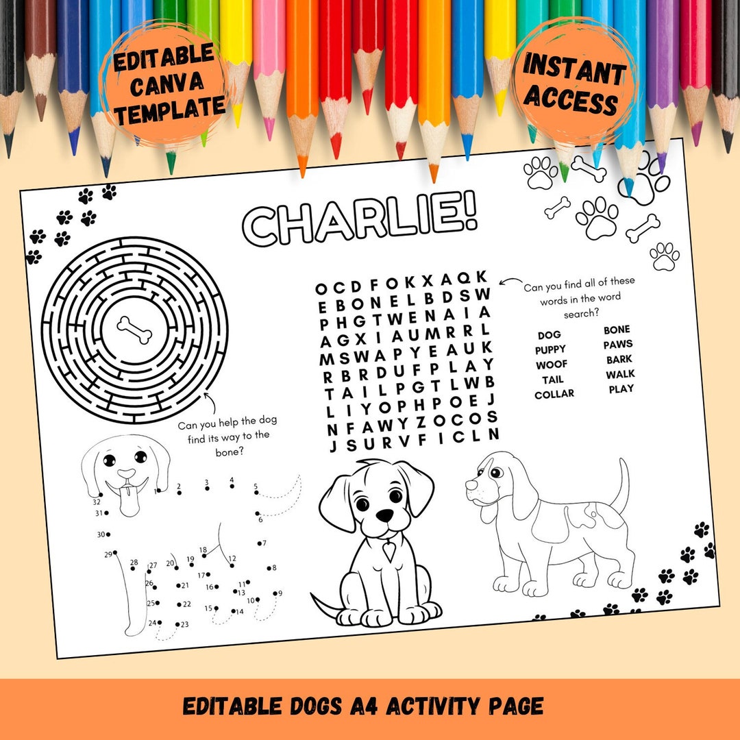 A4 Editable Dogs Activity Sheet - Canva Template Digital Download - Etsy