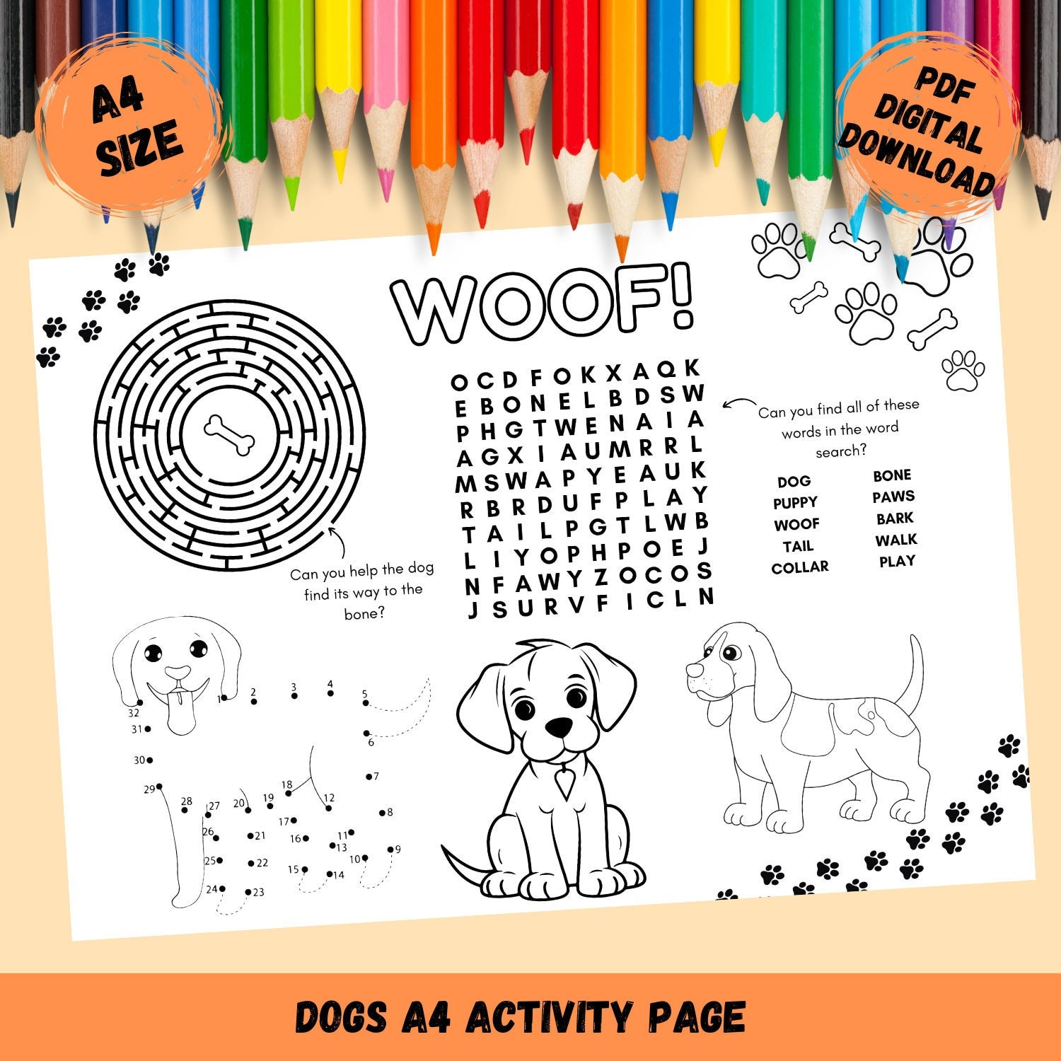 A4 Dogs Activity Sheet - Printable PDF Digital Download - Etsy