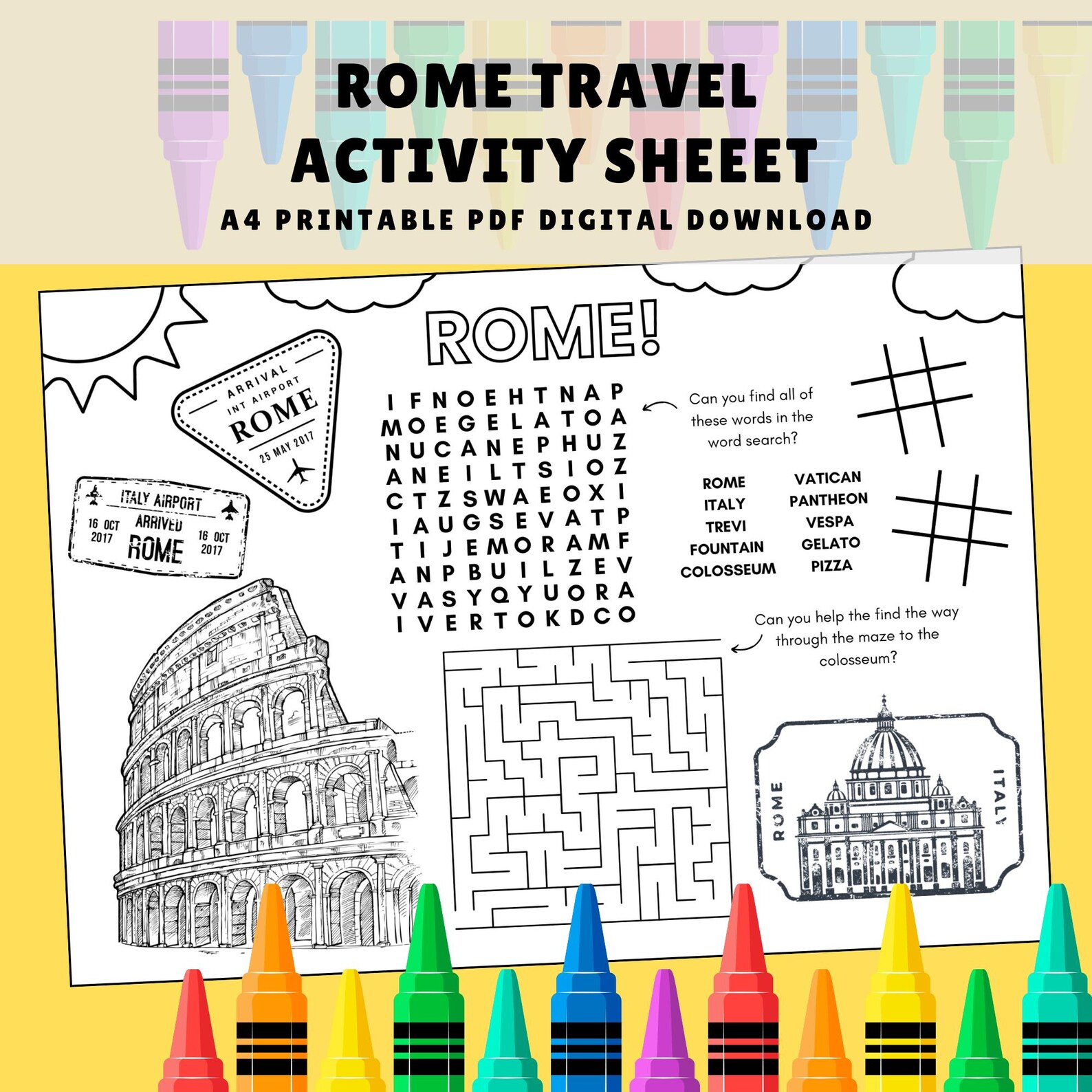 Rome Activity Sheet for Kids – Printable Word Search, Maze, Coloring ...