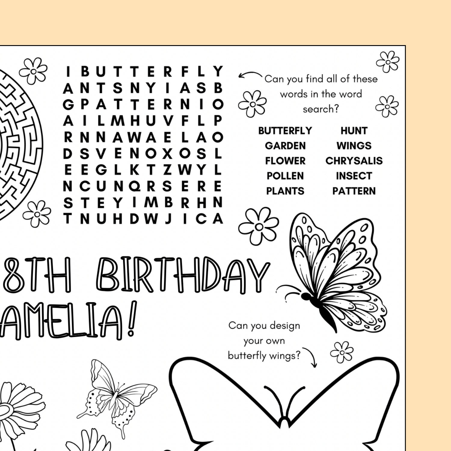 A4 Editable Birthday Butterfly Activity Sheet - Canva Template Digital ...