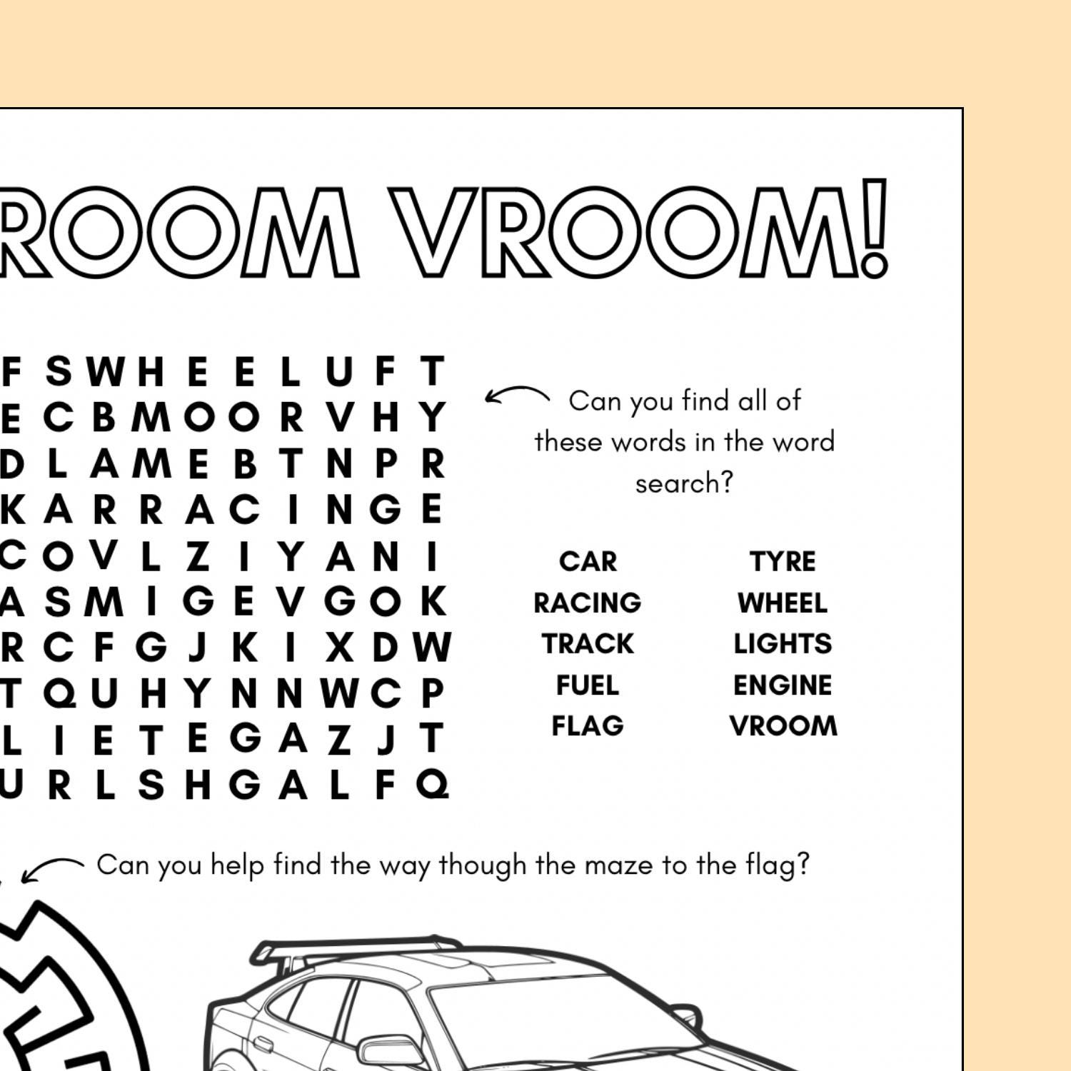 A4 Racing Car Activity Page PDF | Printable Racing Car Coloring Page ...
