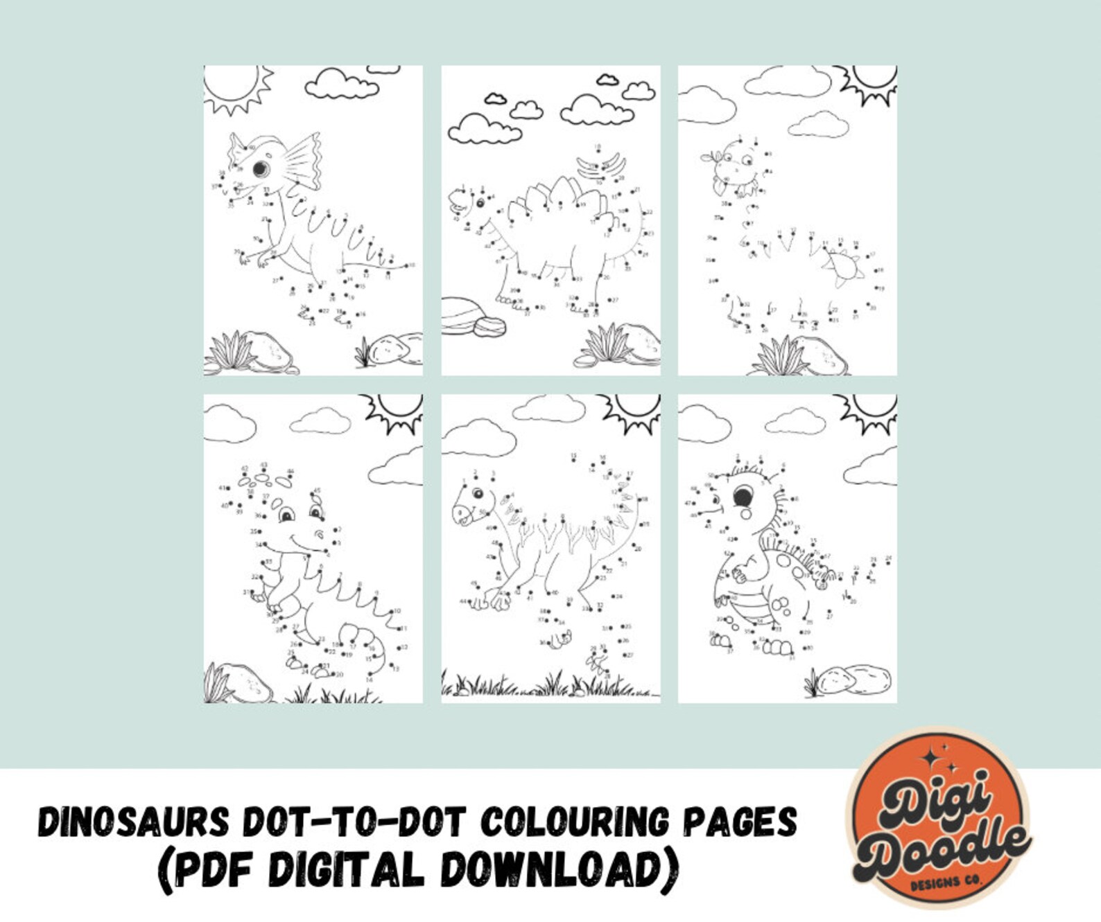 Dinosaur Dot-to-dot Coloring Pages for Kids 12 Printable A4 PDF Digital ...