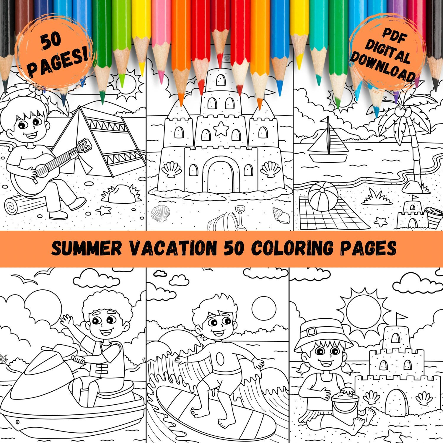 Summer Vacation 50 Coloring Pages - US Letter and A4 Printable PDF ...