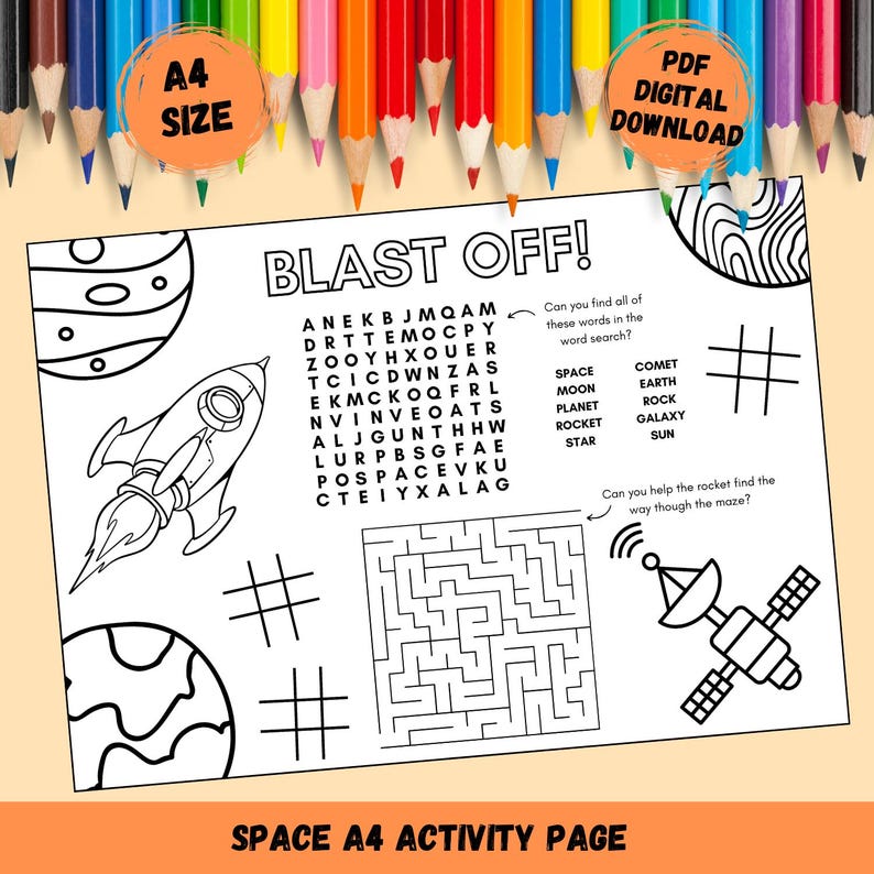 A4 Space Blast off Activity Page PDF Digital Download Fun Educational ...