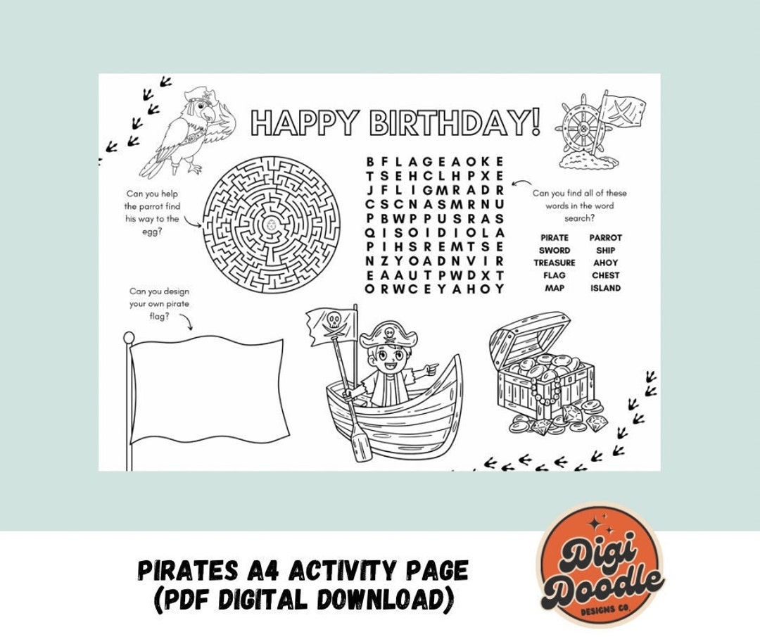 A4 Happy Birthday Pirates Activity Page - Printable PDF Digital ...