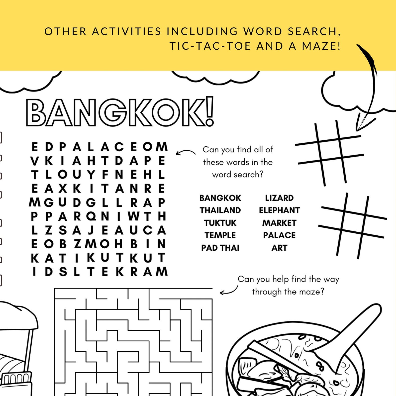 Bangkok Kids Activity Sheet - Coloring, Maze, Word Search & Games - Etsy
