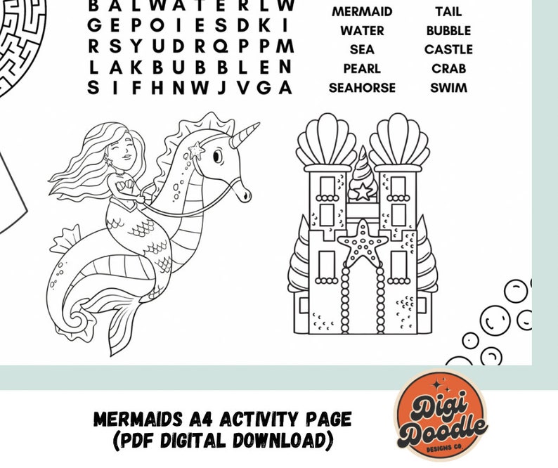 A4 Mermaids Activity Page - Printable PDF Digital Download - Etsy