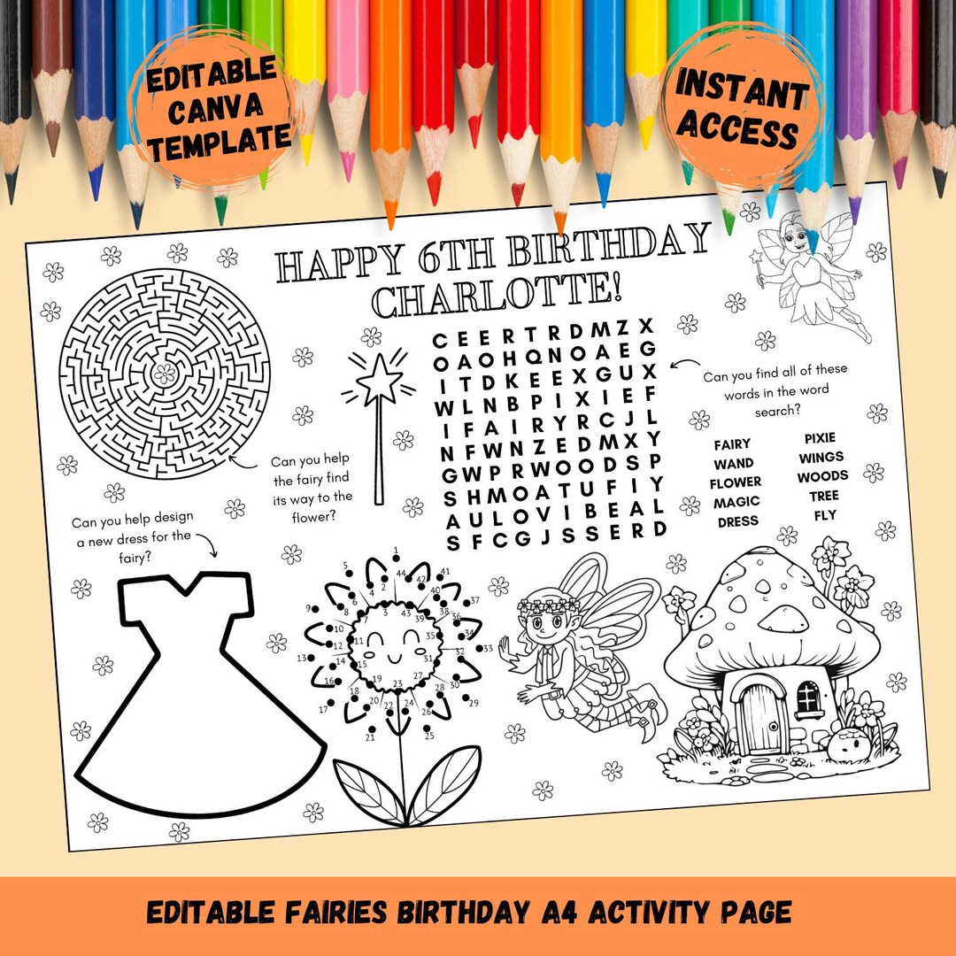 A4 Editable Birthday Fairies Activity Sheet - Canva Template Digital ...