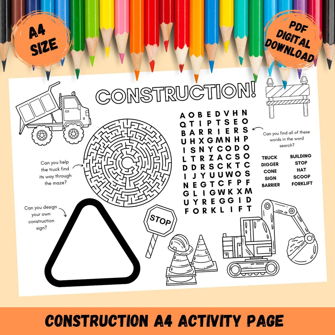 A4 Construction Activity Sheet - Printable PDF Digital Download - Etsy