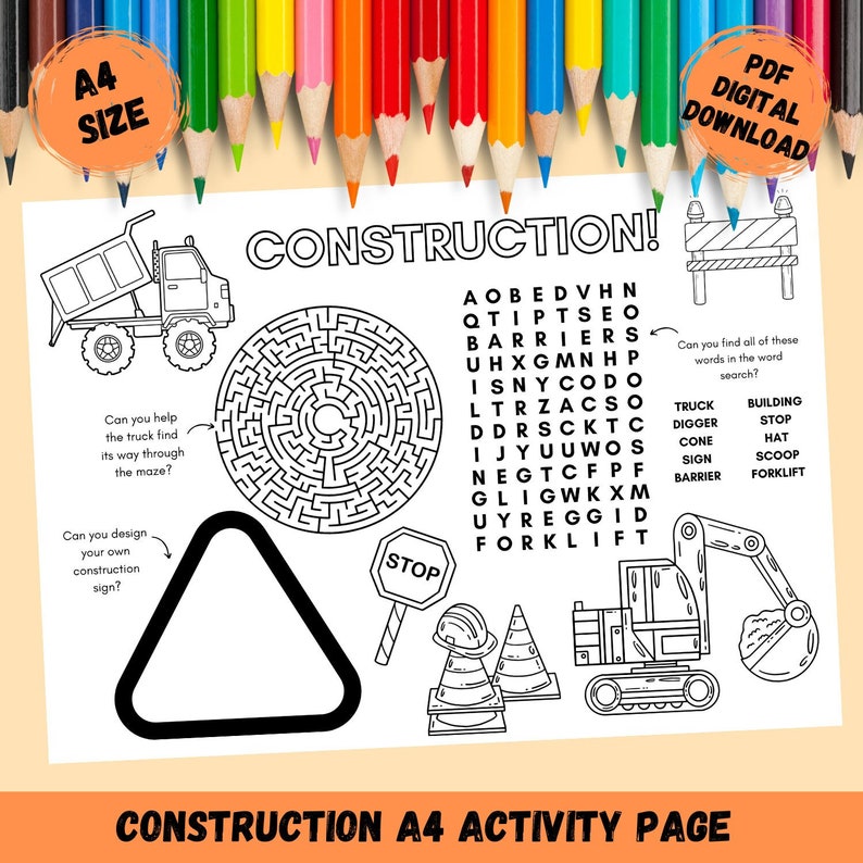 A4 Construction Activity Sheet - Printable PDF Digital Download - Etsy