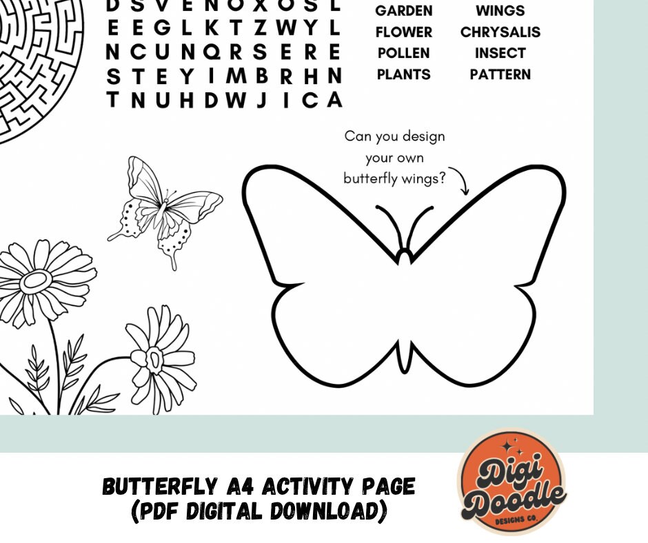 A4 Butterfly Activity Sheet - Printable PDF Digital Download - Etsy