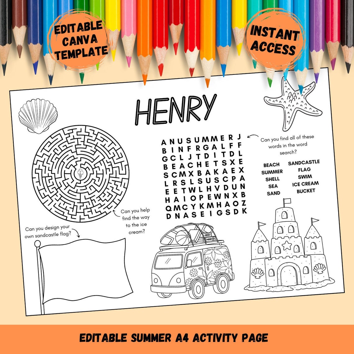 A4 Editable Summer Activity Sheet - Canva Template Digital Download - Etsy