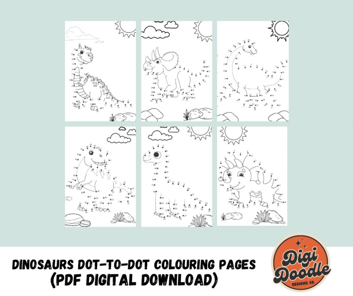 Dinosaur Dot-to-dot Coloring Pages for Kids 12 Printable A4 PDF Digital ...