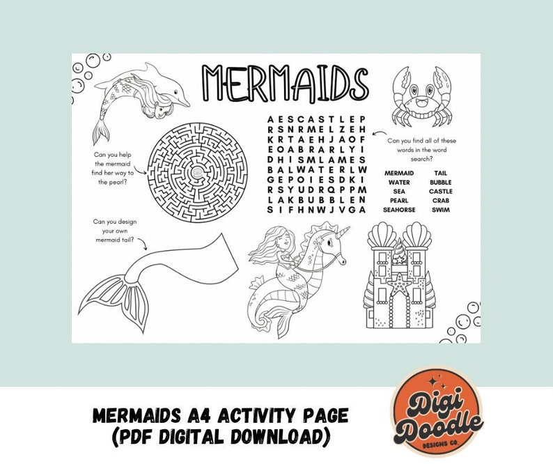 A4 Mermaids Activity Page - Printable PDF Digital Download - Etsy