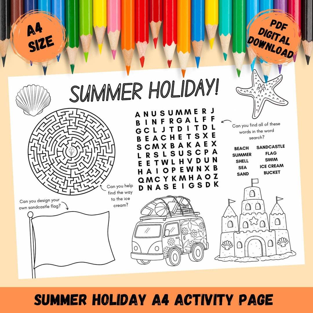 A4 Summer Holiday Beach Activity Sheet - Printable PDF Digital Download ...