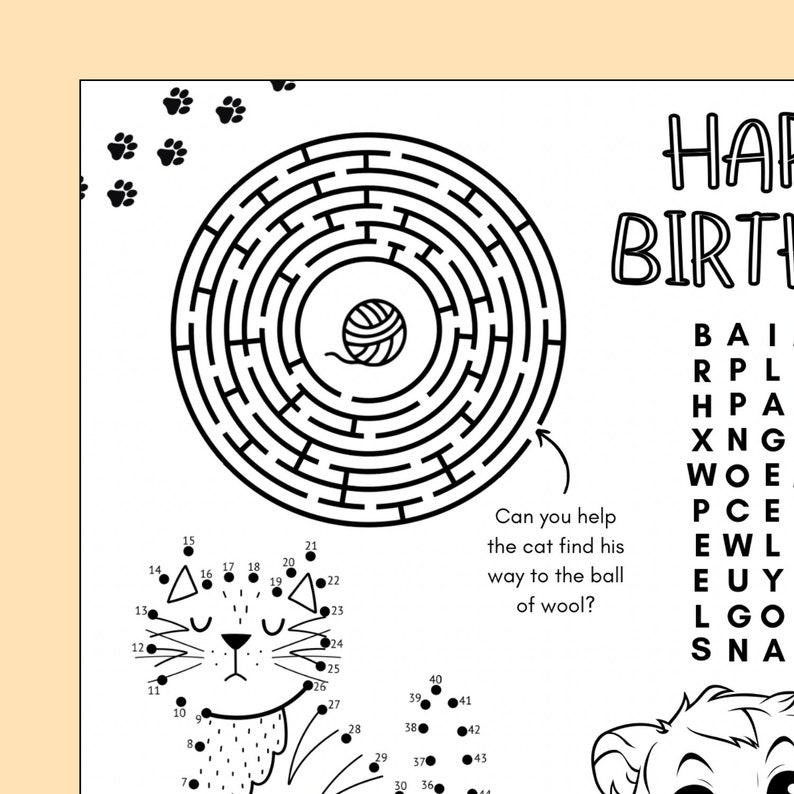 A4 Cats Birthday Activity Sheet - Printable PDF Digital Download - Etsy