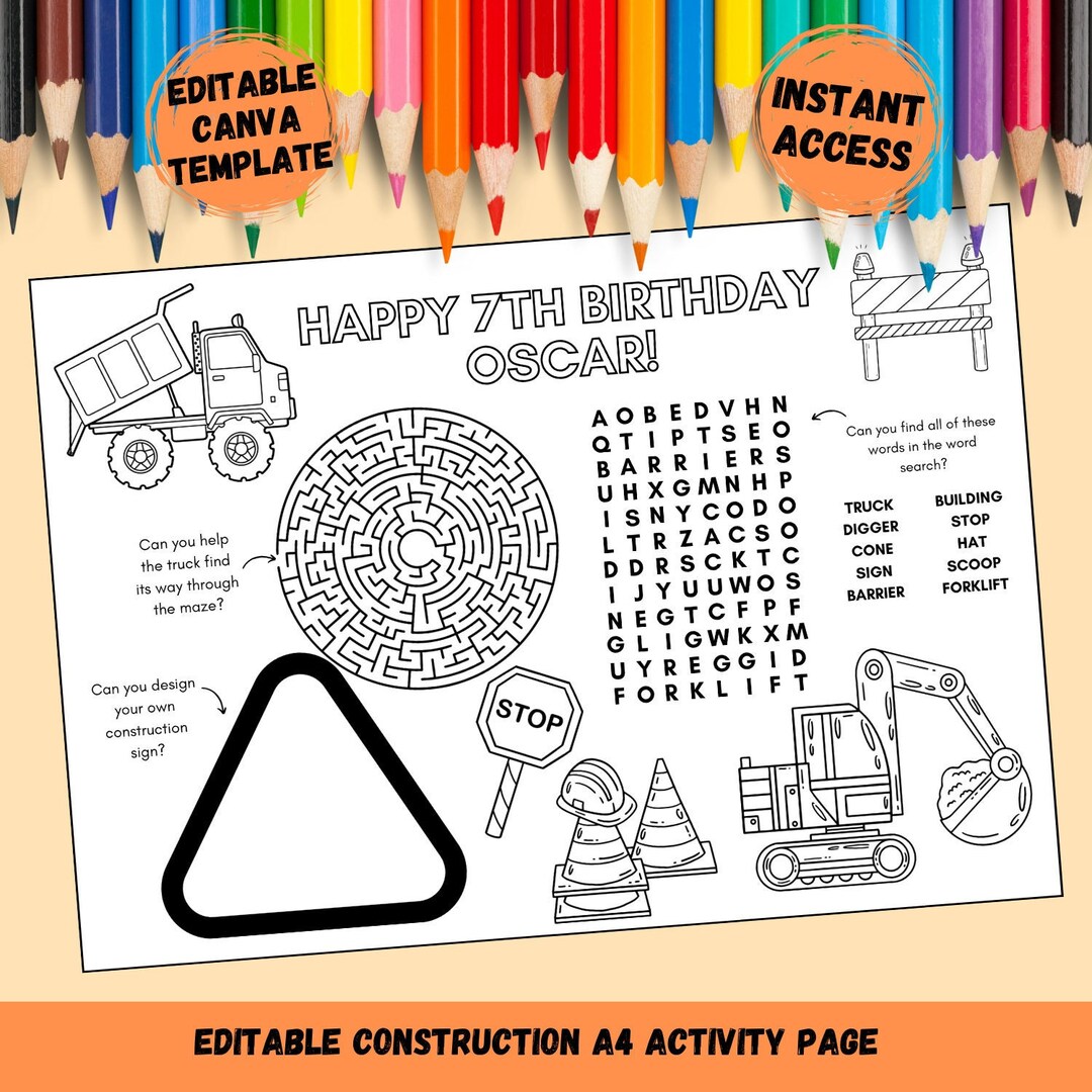 A4 Editable Construction Birthday Activity Sheet - Canva Template ...