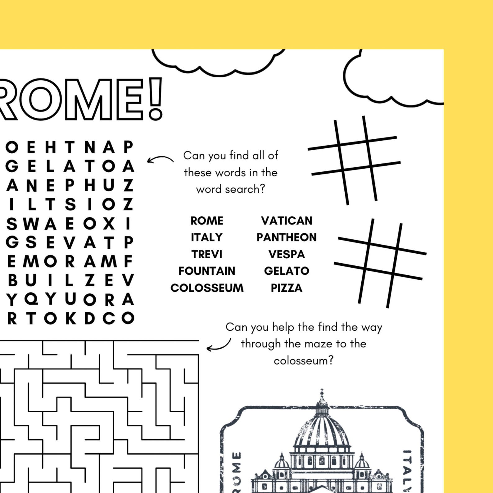 Rome Activity Sheet for Kids – Printable Word Search, Maze, Coloring ...