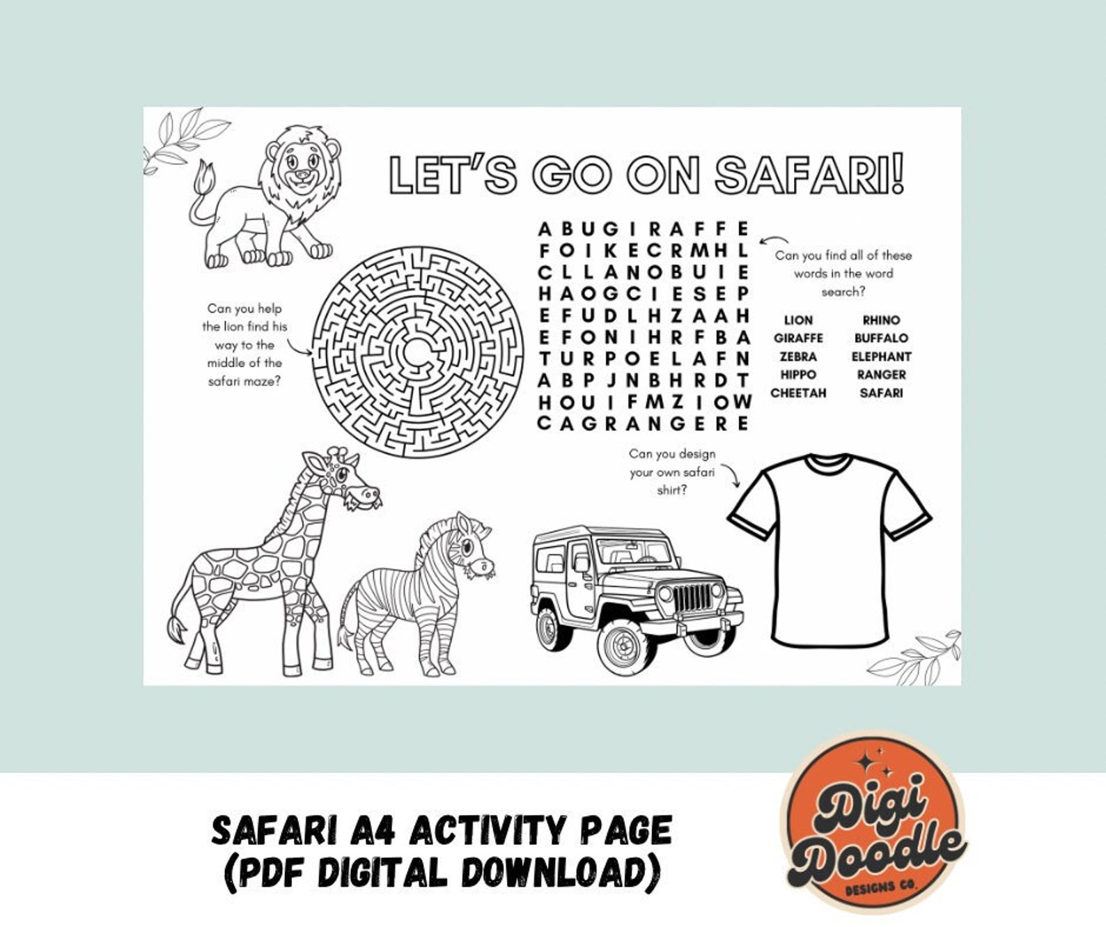 A4 Safari Activity Sheet - Printable PDF Digital Download - Etsy