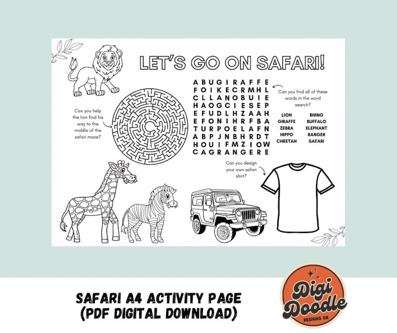 A4 Safari Activity Sheet - Printable PDF Digital Download - Etsy