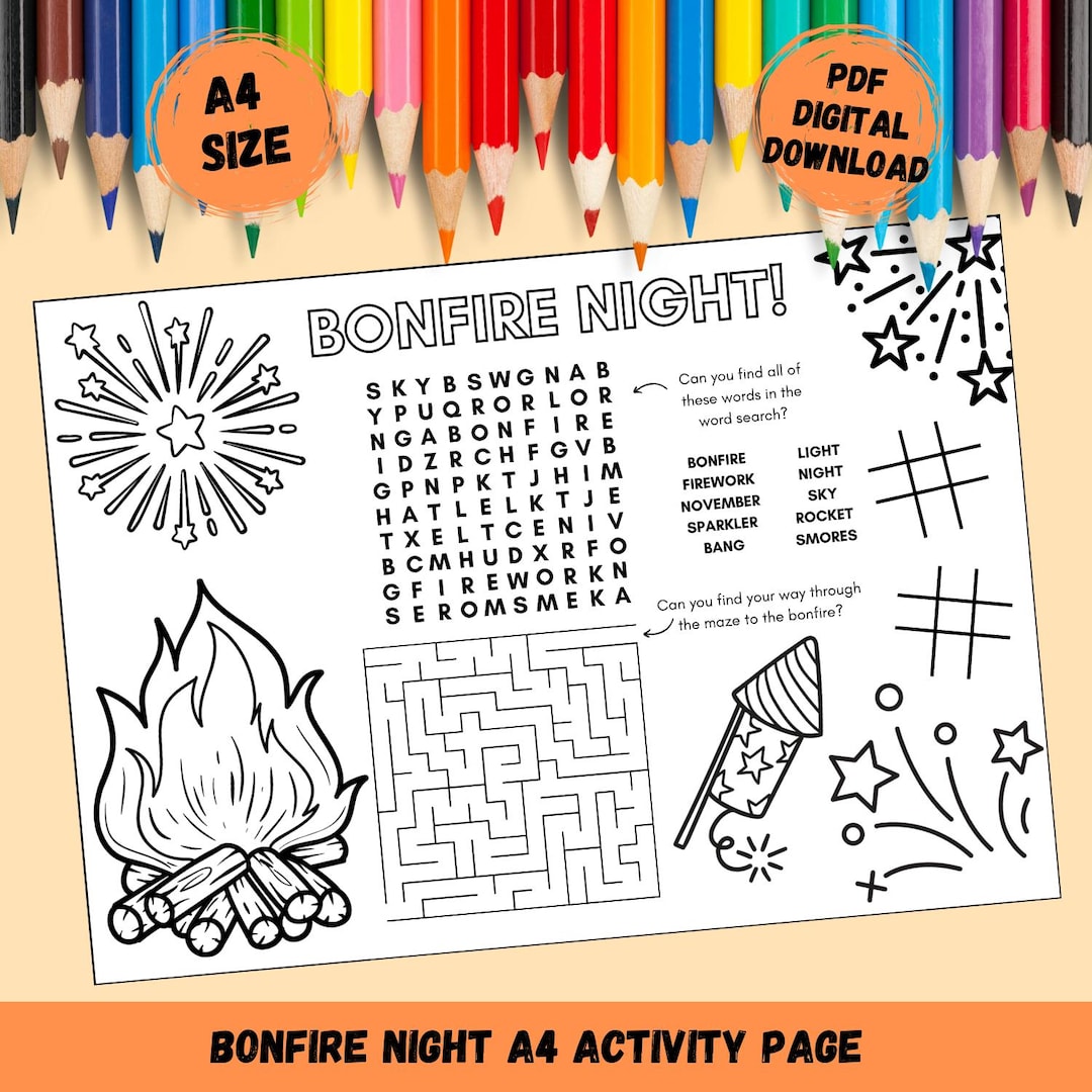 Bonfire Night Activity Page: A4 Printable Puzzles & Coloring (PDF) - Etsy