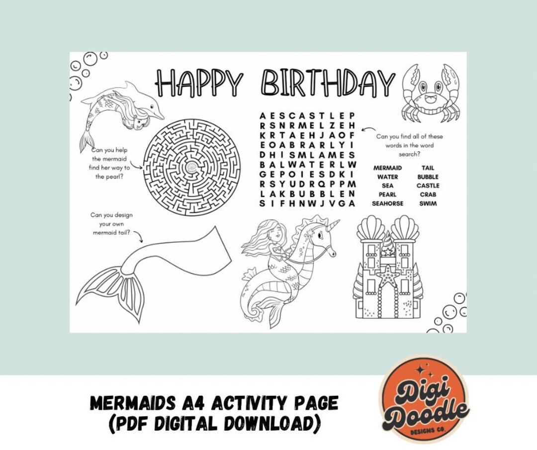 A4 Happy Birthday Mermaids Activity Page - Printable PDF Digital ...