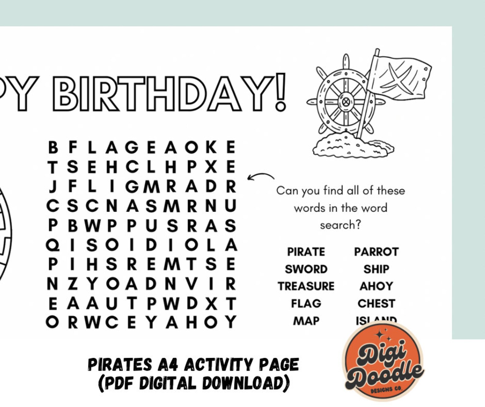 A4 Happy Birthday Pirates Activity Page - Printable PDF Digital ...