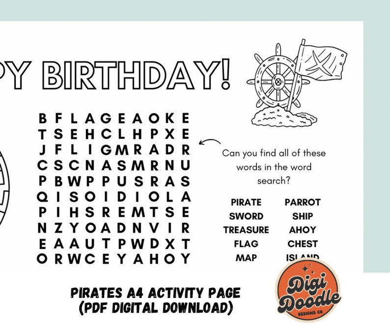 A4 Happy Birthday Pirates Activity Page Printable PDF Digital Download ...