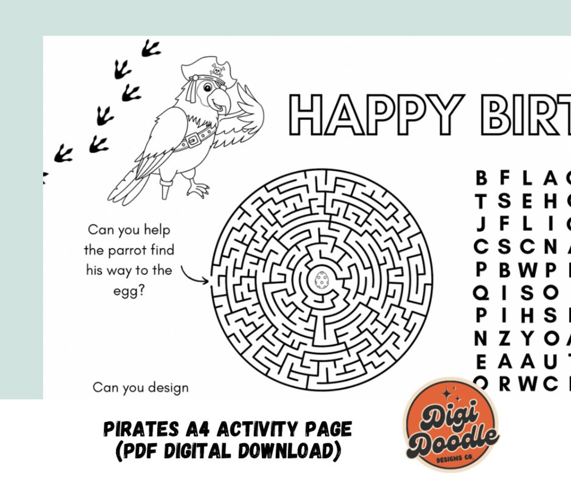 A4 Happy Birthday Pirates Activity Page - Printable PDF Digital ...